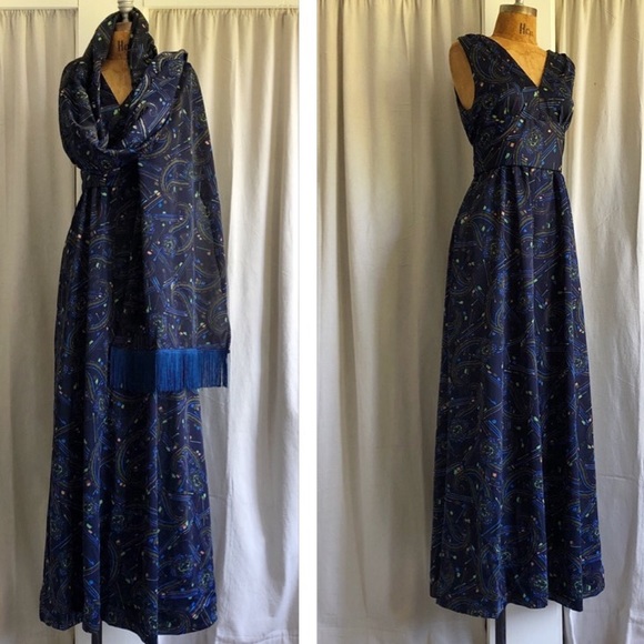 Vintage | Dresses | Vintage 6s Empire Maxi Dress Matching Tassel Trim ...